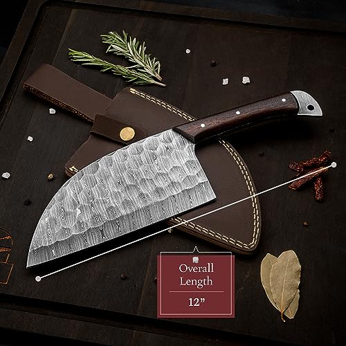 Morf Steelware Premium Damascus Serbian Cleaver Knife for BBQ Cooking - Handmade Chef Chopper Knife with Rose Wood Handle Perfect for Chefs and Cooking Enthusiasts Durable Razor-Sharp