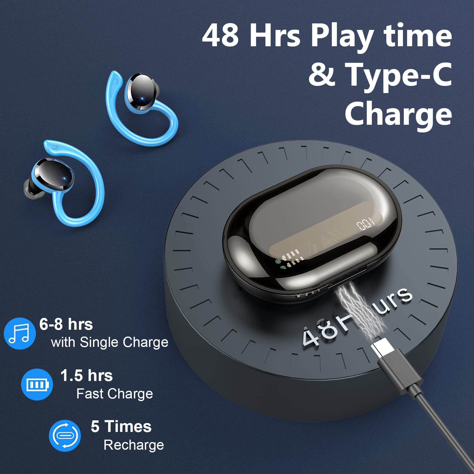 Wireless Earbud, Sport Bluetooth 5.1 Earbud with Earhooks Wireless Earphones in-Ear with Immersive Sound, Bluetooth Headphones IP7 Waterproof, Noise Cancelling, Dual LED Display, 48H Playtime, Blue