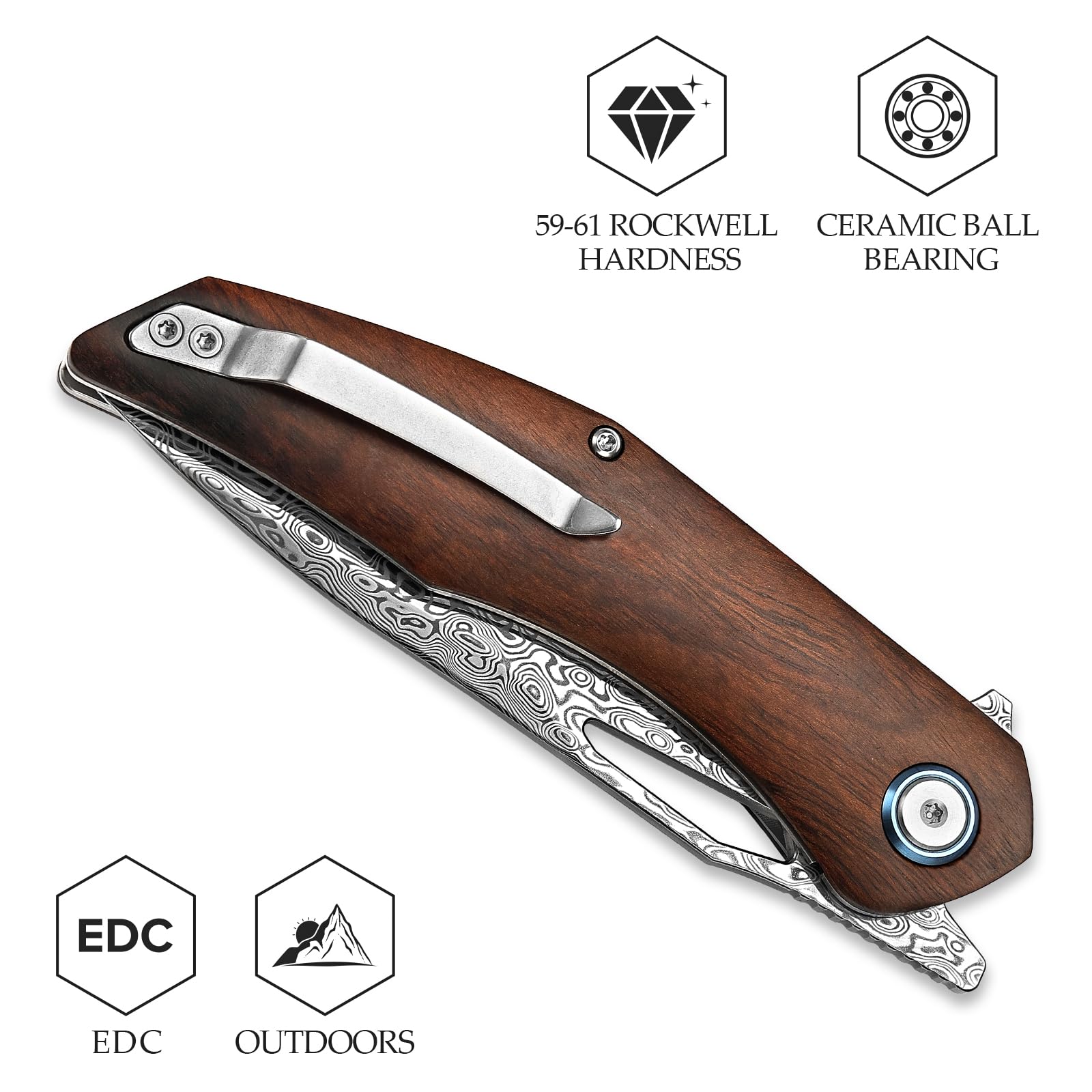 TRIVISA Handmade Pocket Knife,3.62'' 110 Layers Damascus Steel Blade,Front Flipper Wood Handle with Clip,Folding EDC for Men Outdoor Hunting Camping Hiking,Taurus-01i