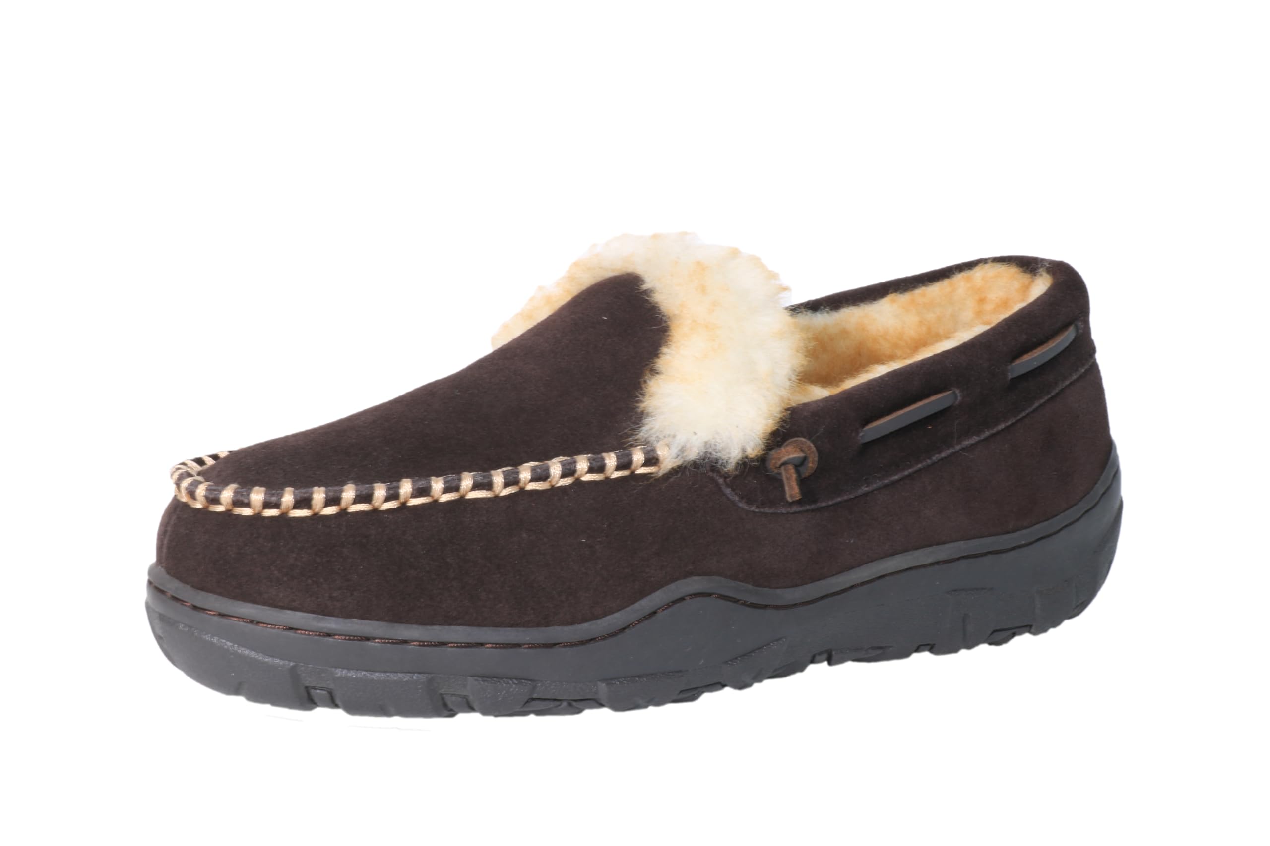 PEDOQU Men's Moccasin Slippers Genuine Suede Uppers Shearling Lining Memory Foam House Shoes, Indoor and Outdoor Warm Loafer