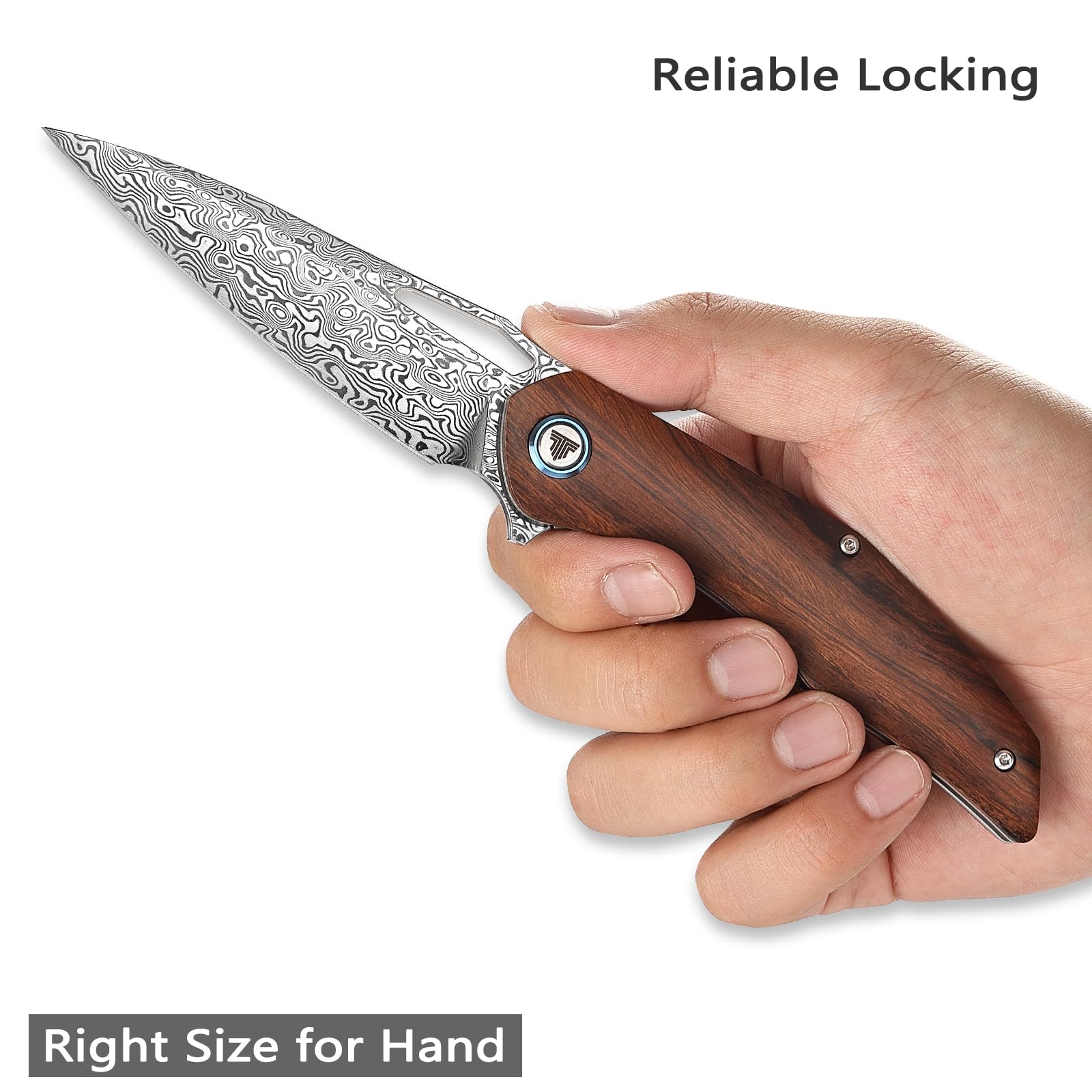 TRIVISA Handmade Pocket Knife,3.62'' 110 Layers Damascus Steel Blade,Front Flipper Wood Handle with Clip,Folding EDC for Men Outdoor Hunting Camping Hiking,Taurus-01i