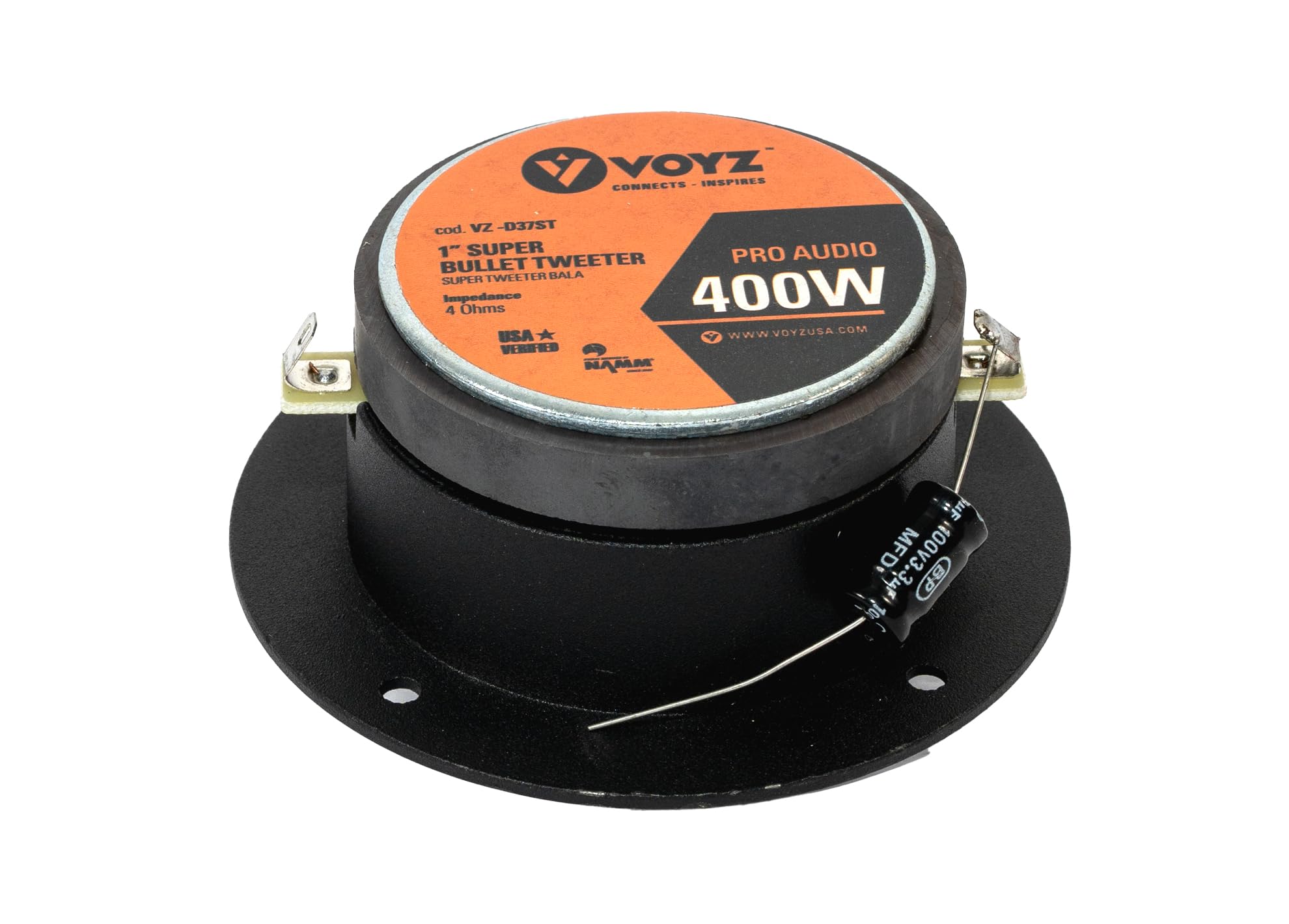VOYZ 400 Watt Super Tweeter 2KHz - 20KHz - 1” Super Horn Heavy Duty Bullet Tweeter Titanium Diaphragm 4 ohms Chrome Finish with Crossover Capacitor (1 Pair)