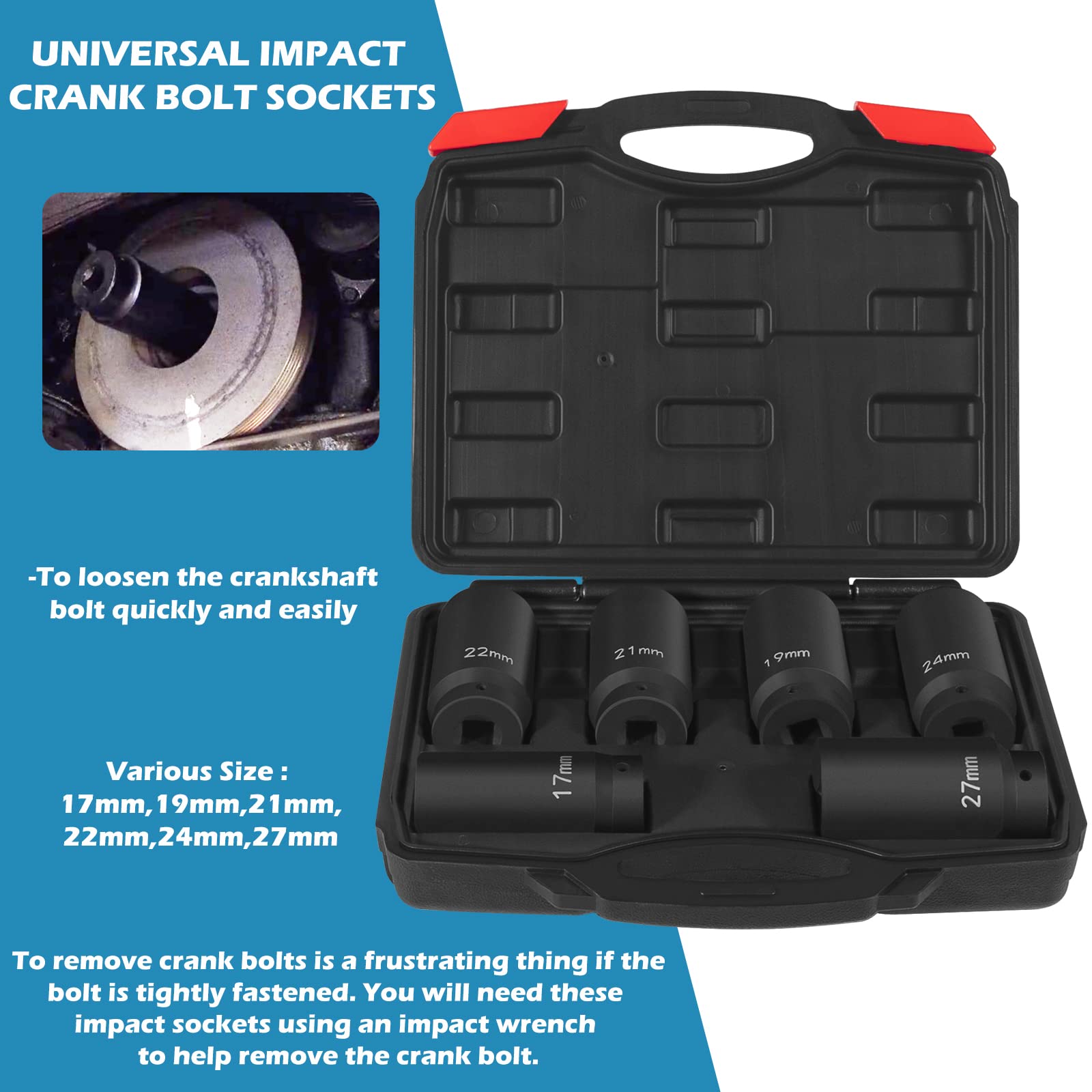1/2" Drive Crank Bolt Socket Set, 17MM, 19MM, 21MM, 22MM, 24MM 27MM, Harmonic Balancer Socket Set, Crank Bolt Removal Tool, 3 Times Momentum Power of Standard Impact Socket Set, Deep Impact Socket Set