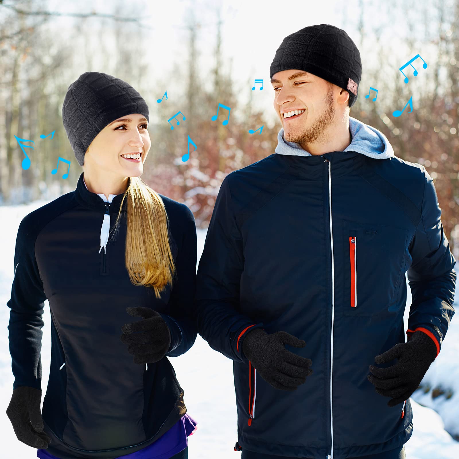Honoson Bluetooth Beanie Set Includes 2 Pieces Bluetooth Beanie Hat Wireless Winter Hats 2 Pairs Winter Touchscreen Gloves Knit Stretch Gloves for Christmas Birthday Gifts for Men Women