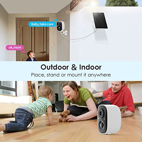 Solar Security Camera Wireless Outdoor with Solar Panel, Battery Powered 1080p WiFi Night Vision Indoor and Outdoor Motion Detection 2-Way Talk IP65 Waterproof Alarm for home security Cloud/SD Storage