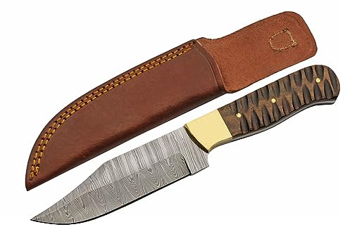 SZCO Supplies 9" Walnut Wood Handled Damascus Steel Outdoor Hunting Knife With Sheath