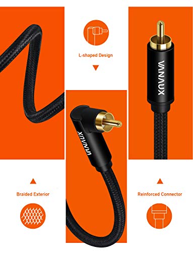 VANAUX 90 Degree RCA Cable Subwoofer Cable Male to Male Digital Coaxial Audio Cable for Home Theater, Sound Bar, TV, PS4, Xbox,and More,Black (10ft/3m)