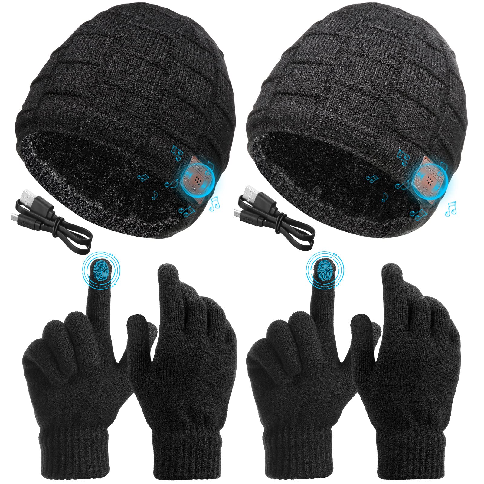 Honoson Bluetooth Beanie Set Includes 2 Pieces Bluetooth Beanie Hat Wireless Winter Hats 2 Pairs Winter Touchscreen Gloves Knit Stretch Gloves for Christmas Birthday Gifts for Men Women