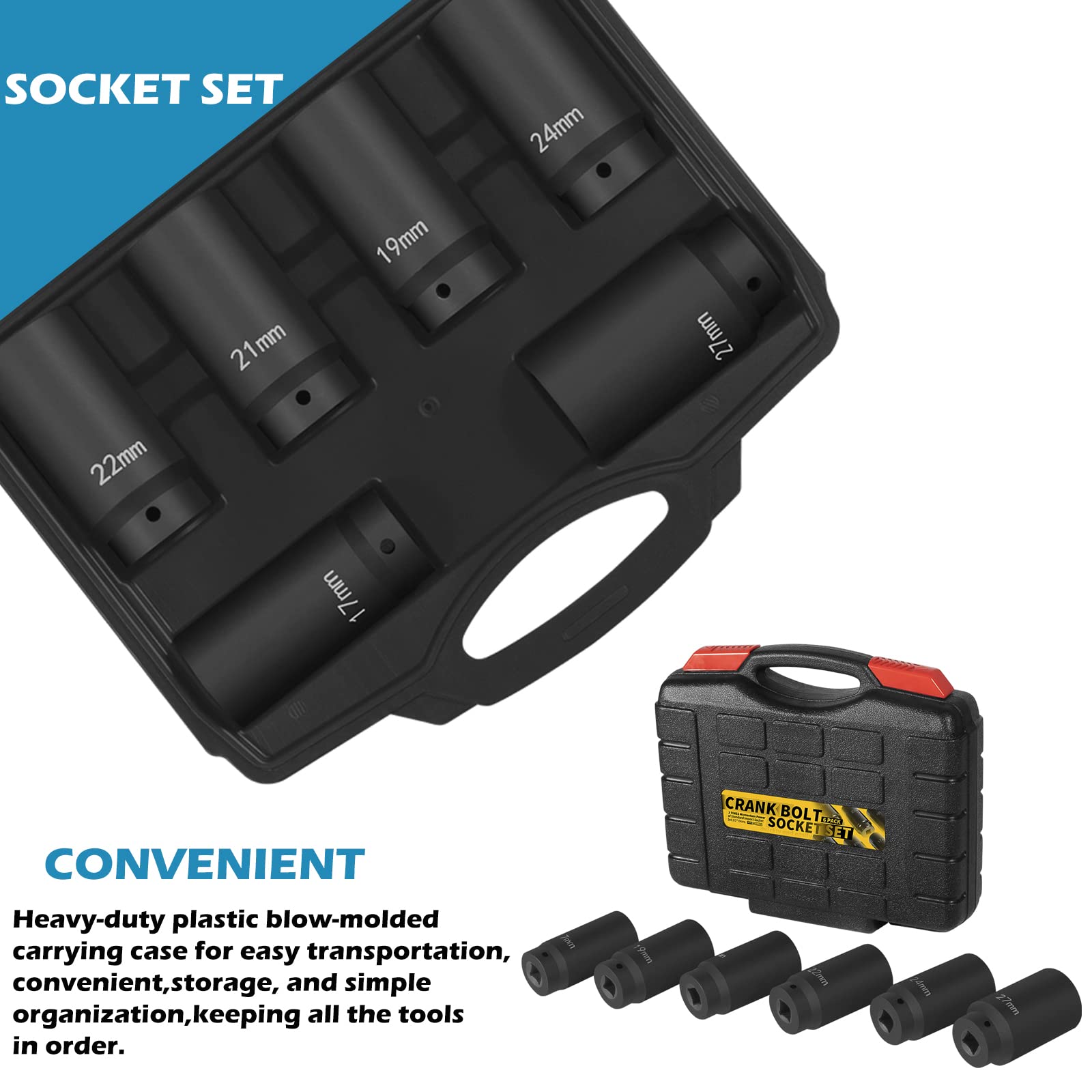 1/2" Drive Crank Bolt Socket Set, 17MM, 19MM, 21MM, 22MM, 24MM 27MM, Harmonic Balancer Socket Set, Crank Bolt Removal Tool, 3 Times Momentum Power of Standard Impact Socket Set, Deep Impact Socket Set