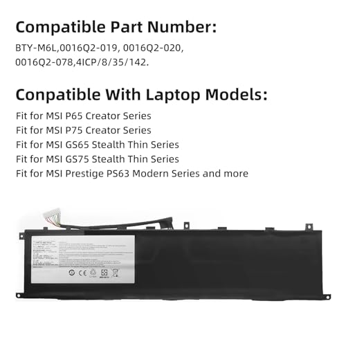 YXKC BTY-M6L Laptop Battery for MSI GS65 GS75 Stealth Thin 8SE 8SF 8SG 8RF 8RE 9RE 9SD 9SE 9SF 9SG, Modern 8RC P658SC WS65 9TM WS75 10TM, Creator 8RD 8RE P75 PS63 GS60 Series MS-16Q2 MS-16Q3 15.2V