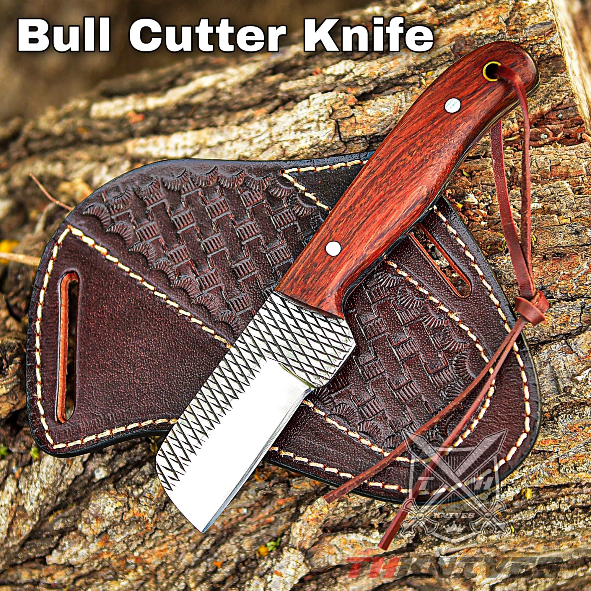 TH knives Handmade Farrier Rasp Steel Bull Cutter Knife with Pancake leather Sheath Fixed Blade Western Cowboy knife, Utility knife for Hunting, Camping, outdoor Full Tang EDC knife with Burn Bone