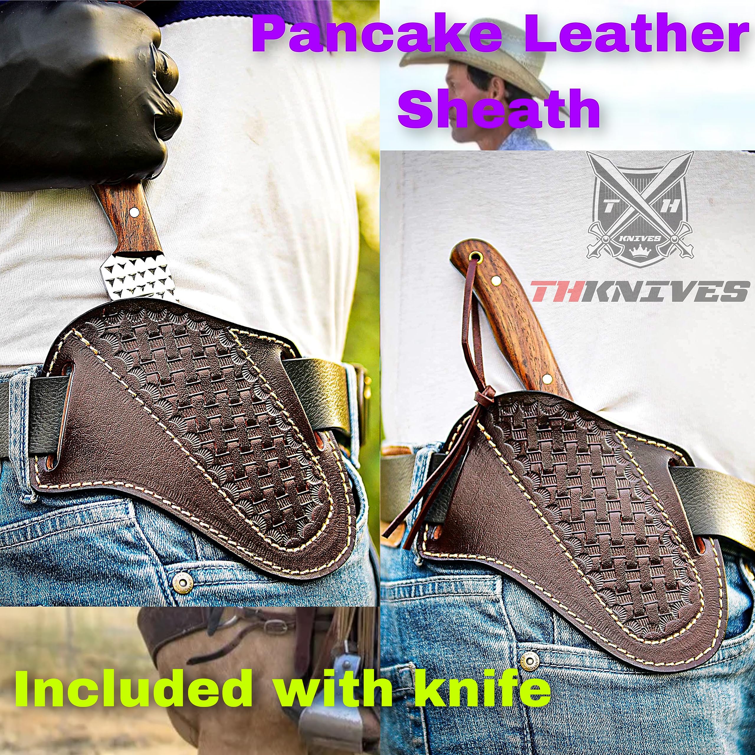 TH knives Handmade Farrier Rasp Steel Bull Cutter Knife with Pancake leather Sheath Fixed Blade Western Cowboy knife, Utility knife for Hunting, Camping, outdoor Full Tang EDC knife with Burn Bone