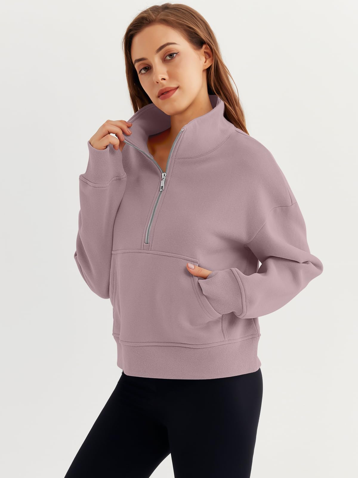 Trendy Queen Womens Half Zip Cropped Pullover Oversized Sweatshirts Fleece Quarter Zipper Hoodies Winter Clothes Sweaters Thumb Hole Darkpink
