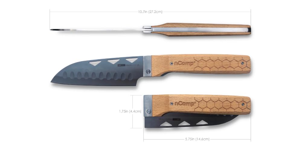 nCamp Food Prep Folding Knife - Premium Chef and Santuko Folding Knife Bundle, Premium-Quality,Compact Outdoor Cooking Knife with 9CR18MOV Steel Blade, wood handle for a comfortable secure grip