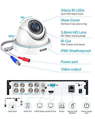 ZOSI 8CH 1080P Security Camera System with Hard Drive 1TB,H.265+ 8 Channel 5MP Lite HD-TVI DVR Recorder and 8pcs 1920TVL Weatherproof CCTV Dome Cameras Indoor Outdoor, 80ft Night Vision,Remote Access