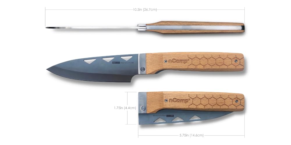 nCamp Food Prep Folding Knife - Premium Chef and Santuko Folding Knife Bundle, Premium-Quality,Compact Outdoor Cooking Knife with 9CR18MOV Steel Blade, wood handle for a comfortable secure grip