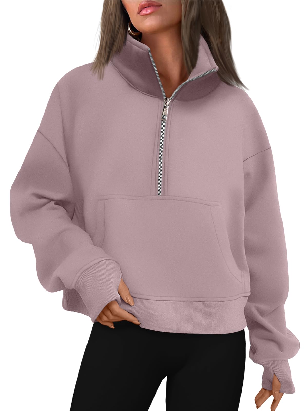 Trendy Queen Womens Half Zip Cropped Pullover Oversized Sweatshirts Fleece Quarter Zipper Hoodies Winter Clothes Sweaters Thumb Hole Darkpink