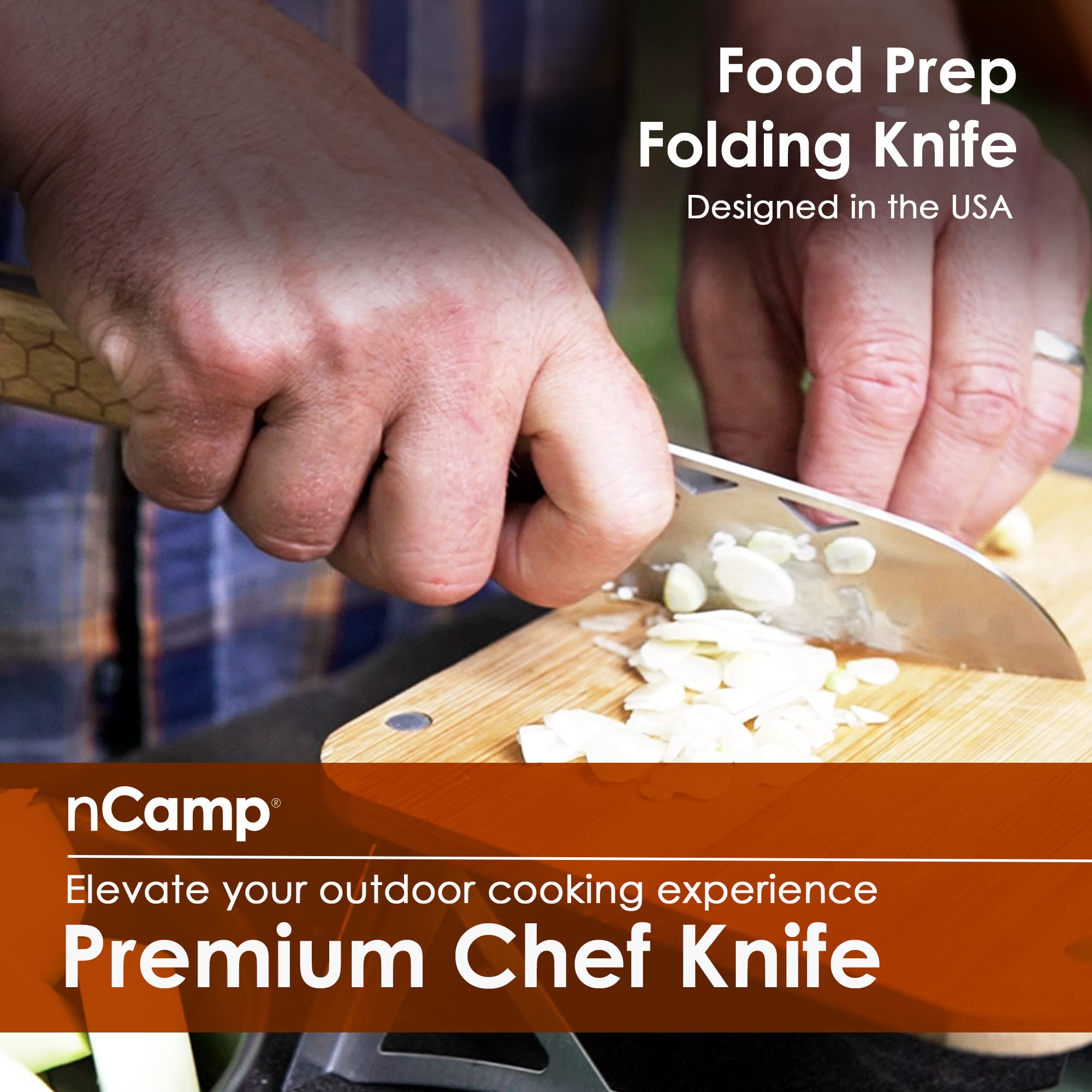 nCamp Food Prep Folding Knife - Premium Chef and Santuko Folding Knife Bundle, Premium-Quality,Compact Outdoor Cooking Knife with 9CR18MOV Steel Blade, wood handle for a comfortable secure grip