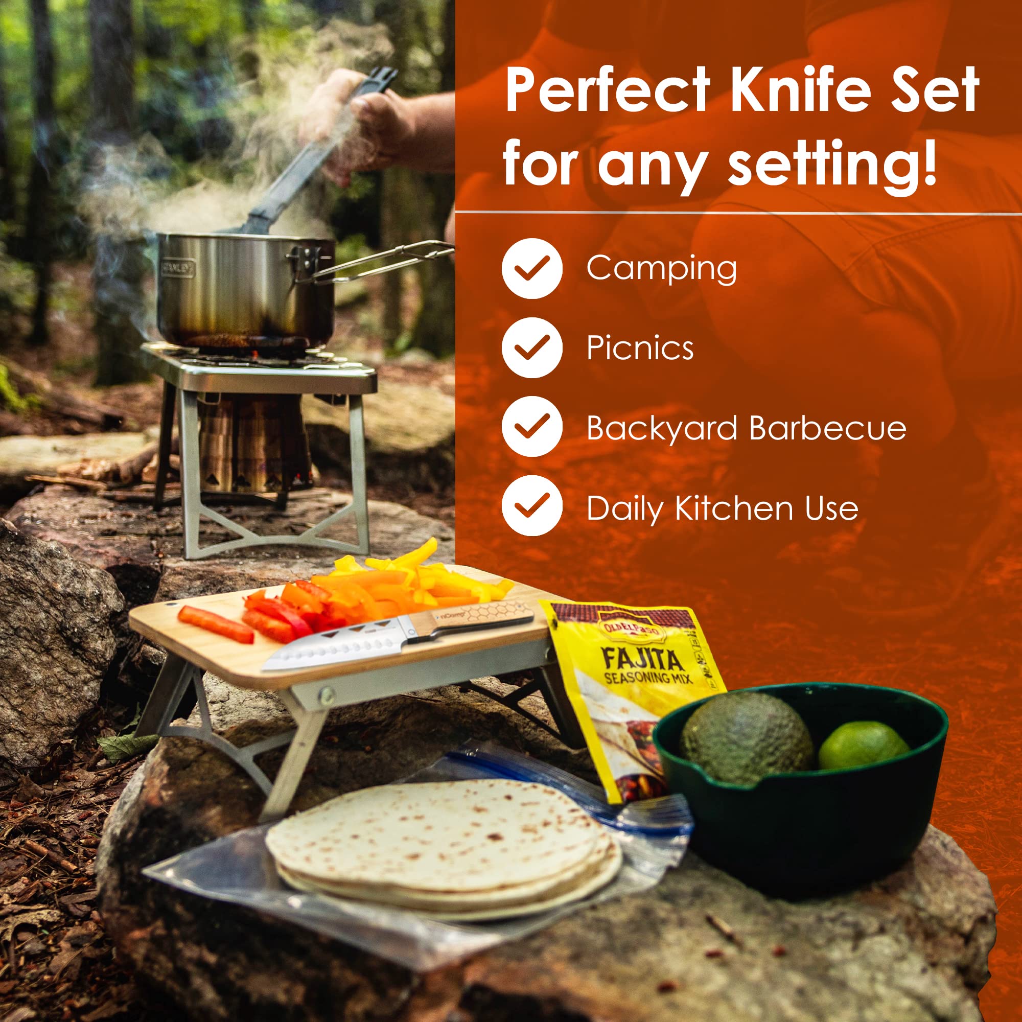 nCamp Food Prep Folding Knife - Premium Chef and Santuko Folding Knife Bundle, Premium-Quality,Compact Outdoor Cooking Knife with 9CR18MOV Steel Blade, wood handle for a comfortable secure grip