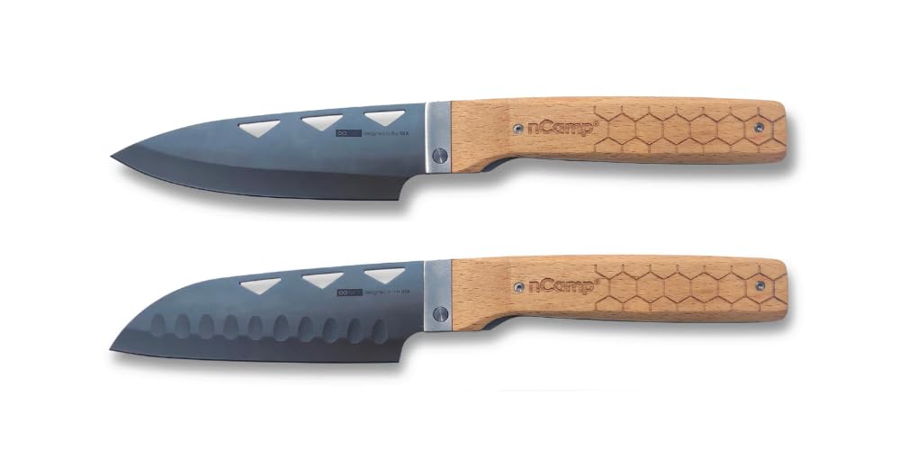 nCamp Food Prep Folding Knife - Premium Chef and Santuko Folding Knife Bundle, Premium-Quality,Compact Outdoor Cooking Knife with 9CR18MOV Steel Blade, wood handle for a comfortable secure grip