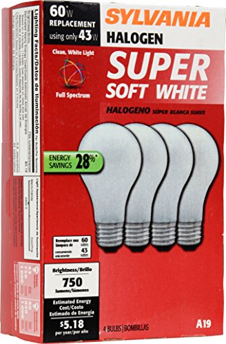 SYLVANIA Halogen A19 Light Bulb, 43W=60W Equivalent, E26 Medium Base, 600 Lumens, 100 CRI, 2700K Soft White - 4 Pack (50005)