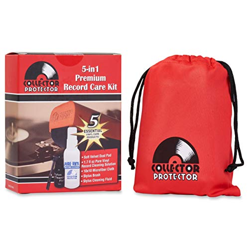 Collector Protector Vinyl Record Cleaner Kit - Includes 70’s-Style Soft Velvet Record Brush, LP Cleaning Solution, Stylus Brush & Cleaning Liquid, Microfiber Cloth & Storage Pouch