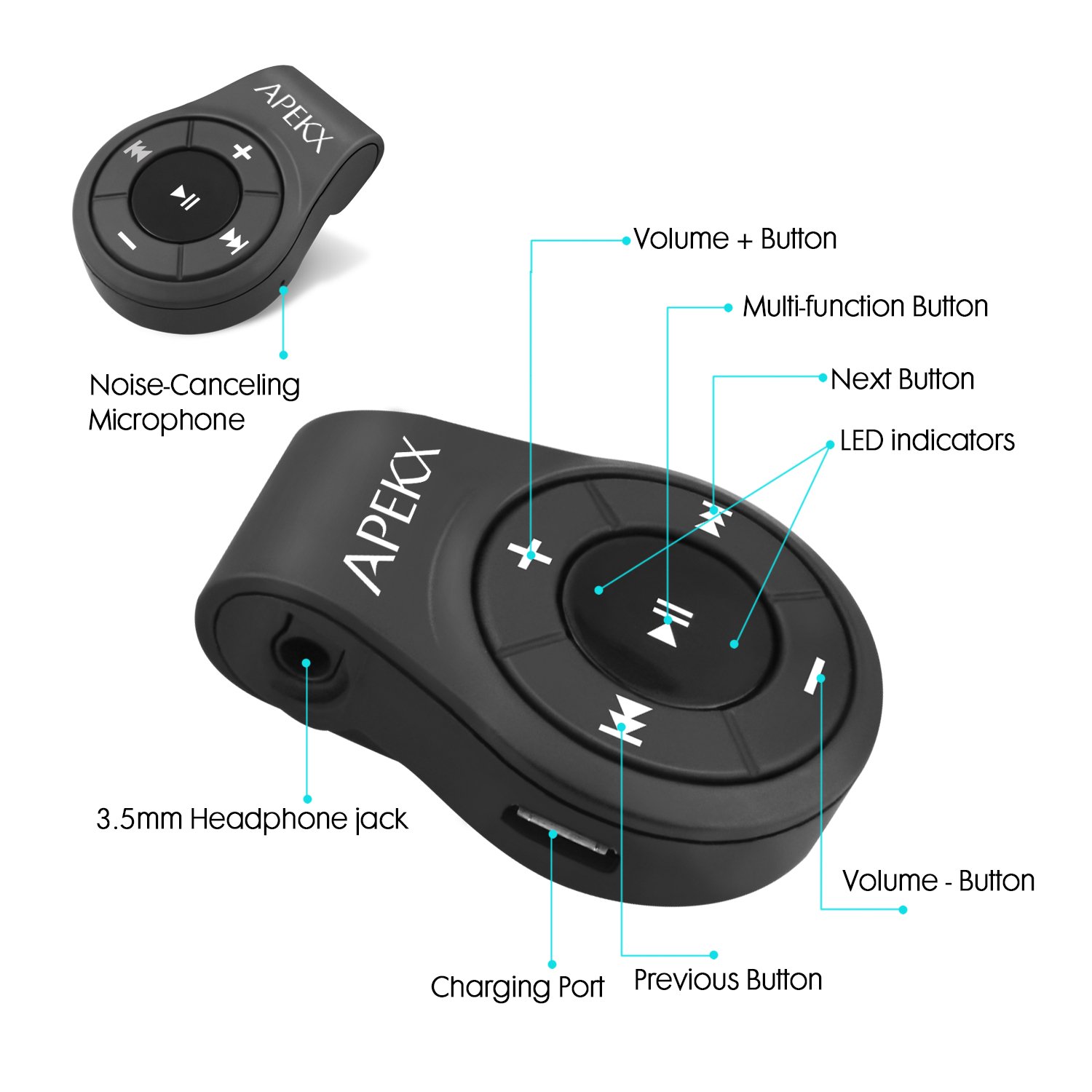 APEKX Clip Bluetooth Audio Adapter for Headphones, Headset, Speaker, Wireless Receiver with MIC for Hands-Released Call and Music