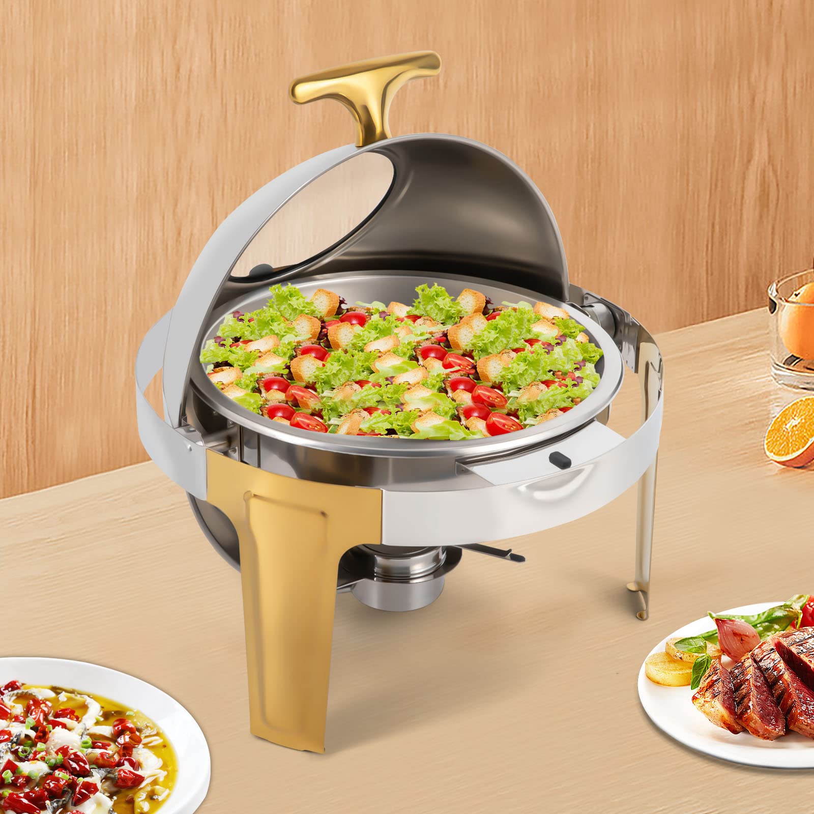 Roll Top Chafing Dish Buffet Set Gold Accent, Buffet Servers and Warmers Set Warming Tray, 6.3 Quart Round Stainless Steel with Glass Window for Wedding/Parties/Banquet & Events