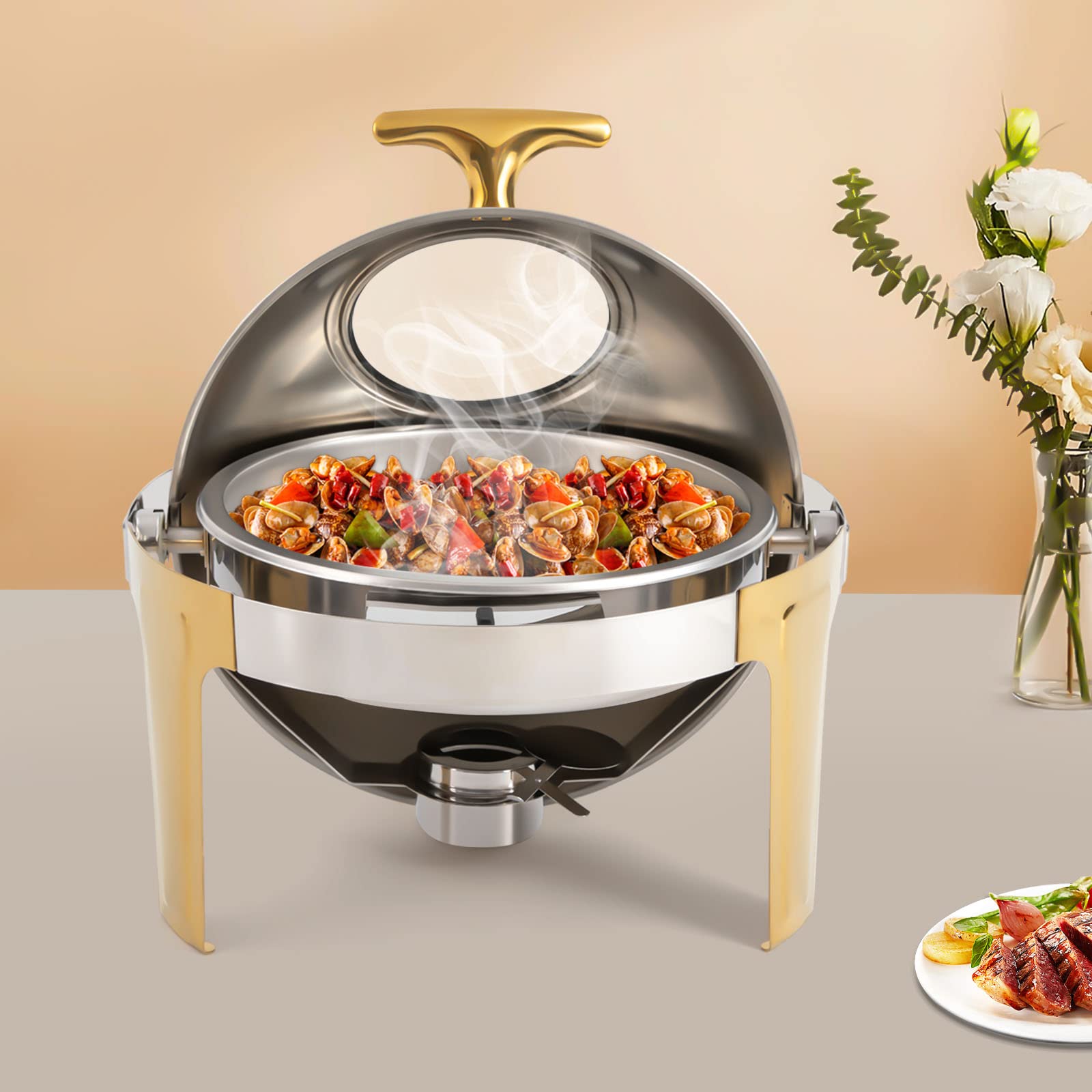 Roll Top Chafing Dish Buffet Set Gold Accent, Buffet Servers and Warmers Set Warming Tray, 6.3 Quart Round Stainless Steel with Glass Window for Wedding/Parties/Banquet & Events