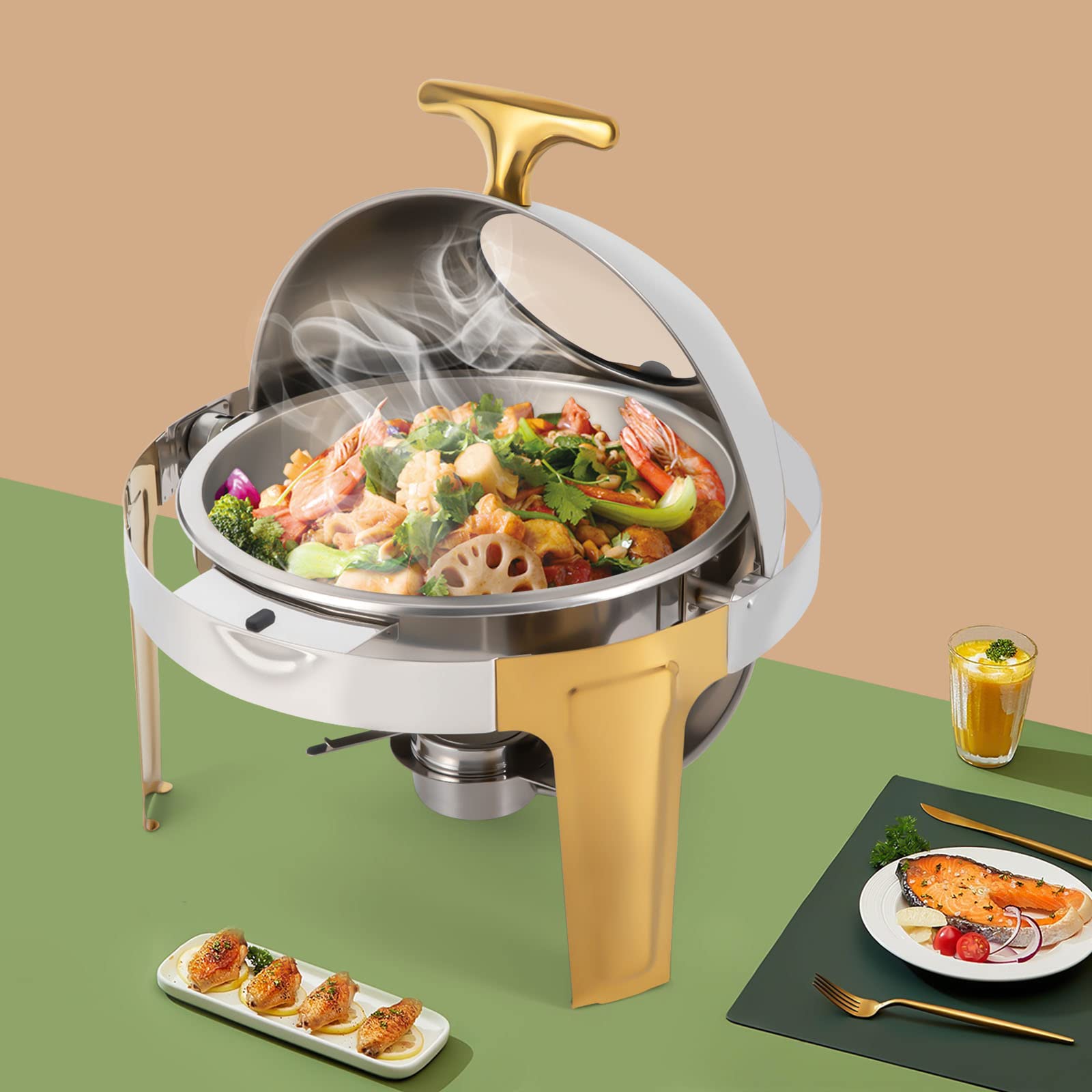 Roll Top Chafing Dish Buffet Set Gold Accent, Buffet Servers and Warmers Set Warming Tray, 6.3 Quart Round Stainless Steel with Glass Window for Wedding/Parties/Banquet & Events