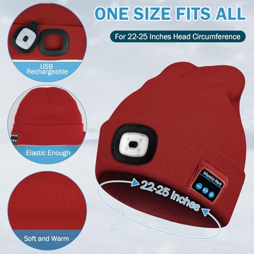 Bluetooth for Women Men Dad Beanie Hats with Light,Musical Knitted Cap with Headphone(Red)