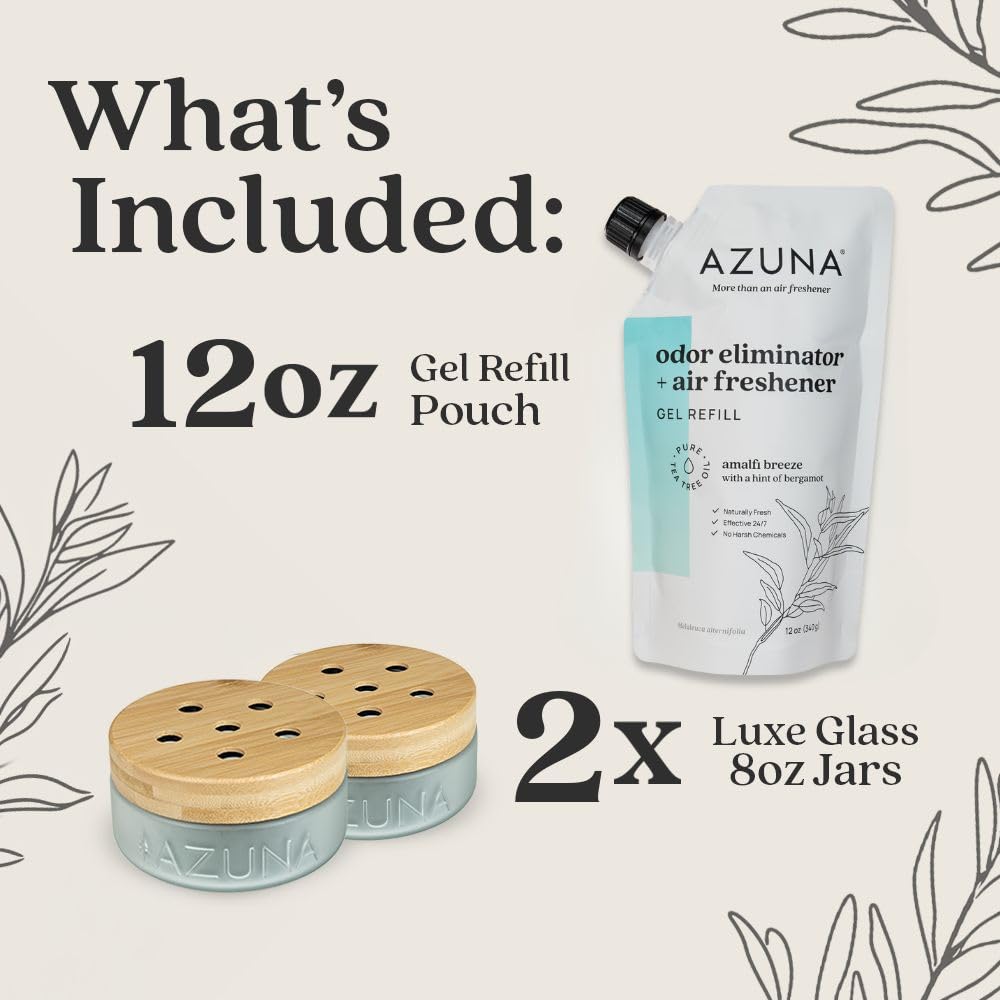 Azuna Air Freshener & Odor Eliminator Gel 2 Room Kit, Includes (2) 8 oz. Empty Luxe Glass Jars & 12 oz. Refill with Tea Tree Essential Oil, Amalfi Breeze, Works 24/7 for 60-90 Days