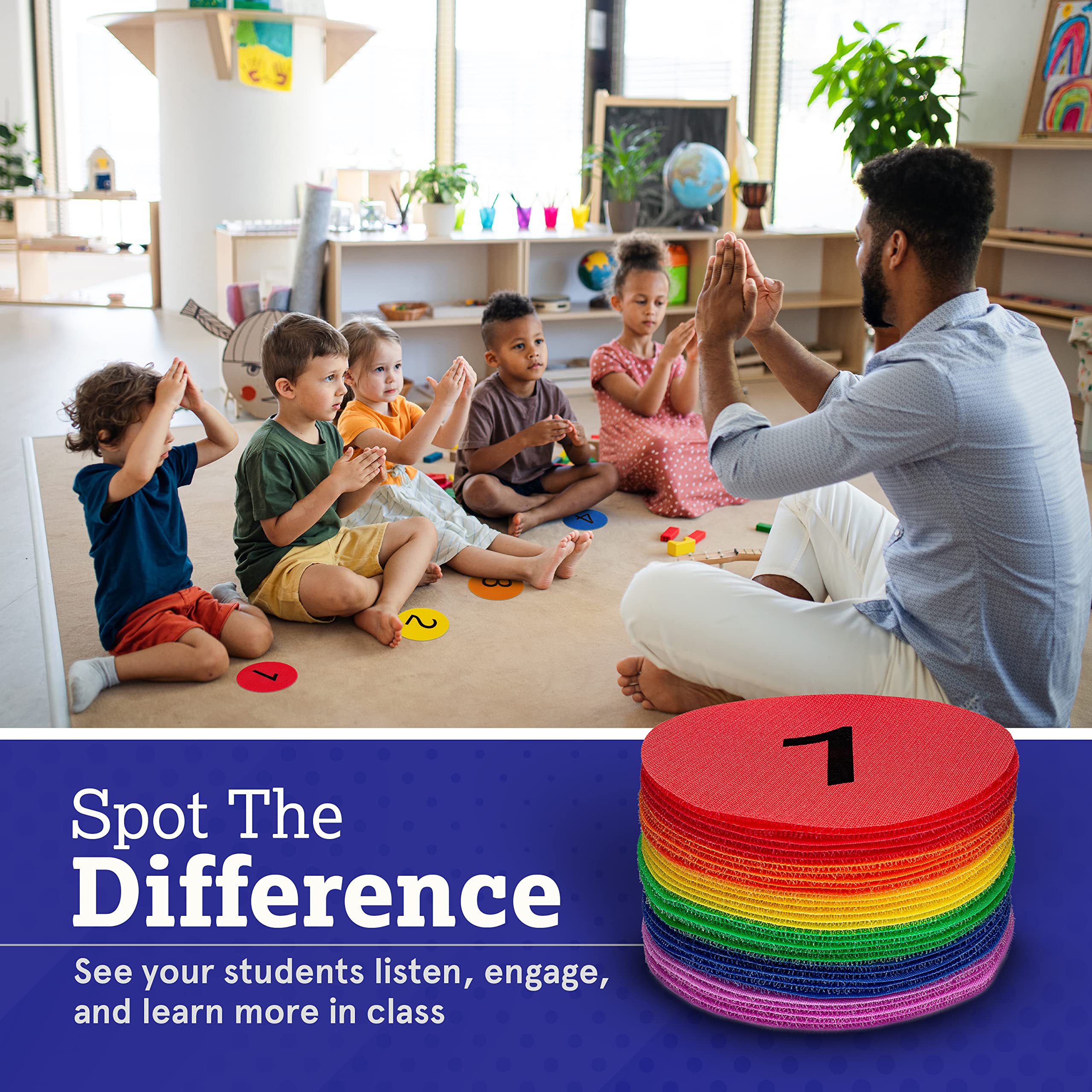 Carpet Spot Markers x 30 Classroom Sit Circles with Numbers 1-30 for Teachers (6 Colors)