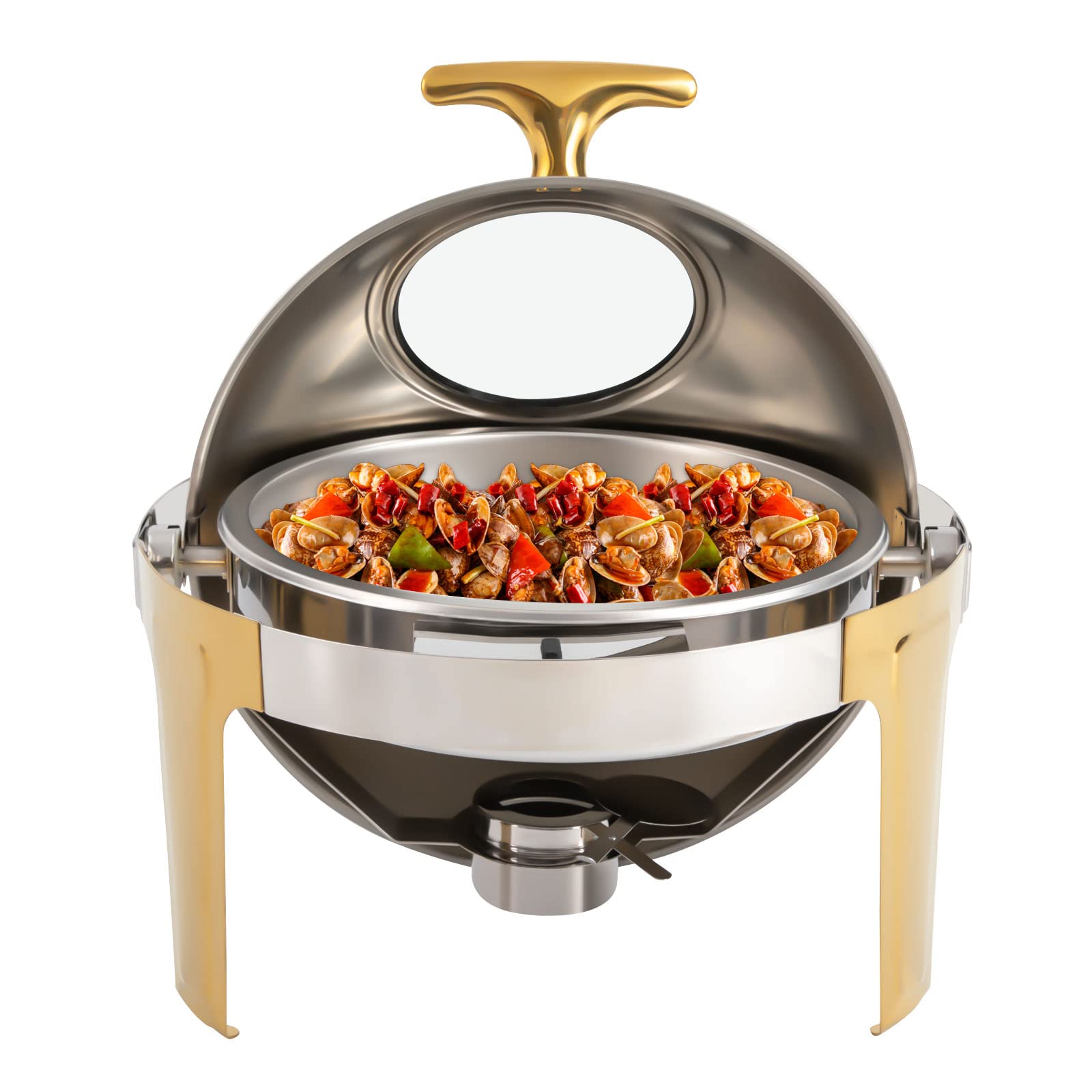 Roll Top Chafing Dish Buffet Set Gold Accent, Buffet Servers and Warmers Set Warming Tray, 6.3 Quart Round Stainless Steel with Glass Window for Wedding/Parties/Banquet & Events