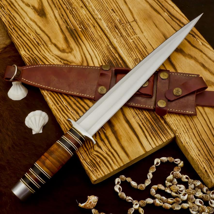 Custom Handmade Damascus Steel 17 Inches Outdoor Survival Fixed Blade Knife, Double Edged Serrated Dagger Leather Wood Handle, Leather Sheath Included