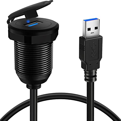 BATIGE Alloy Single Port USB 3.0 Dashboard Port Car Mount Flush Cable, Male to Female Waterproof Extension Cable for Car Truck Boat Motorcycle with LED Indicator - 3ft