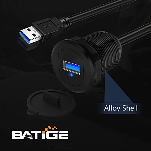 BATIGE Alloy Single Port USB 3.0 Dashboard Port Car Mount Flush Cable, Male to Female Waterproof Extension Cable for Car Truck Boat Motorcycle with LED Indicator - 3ft
