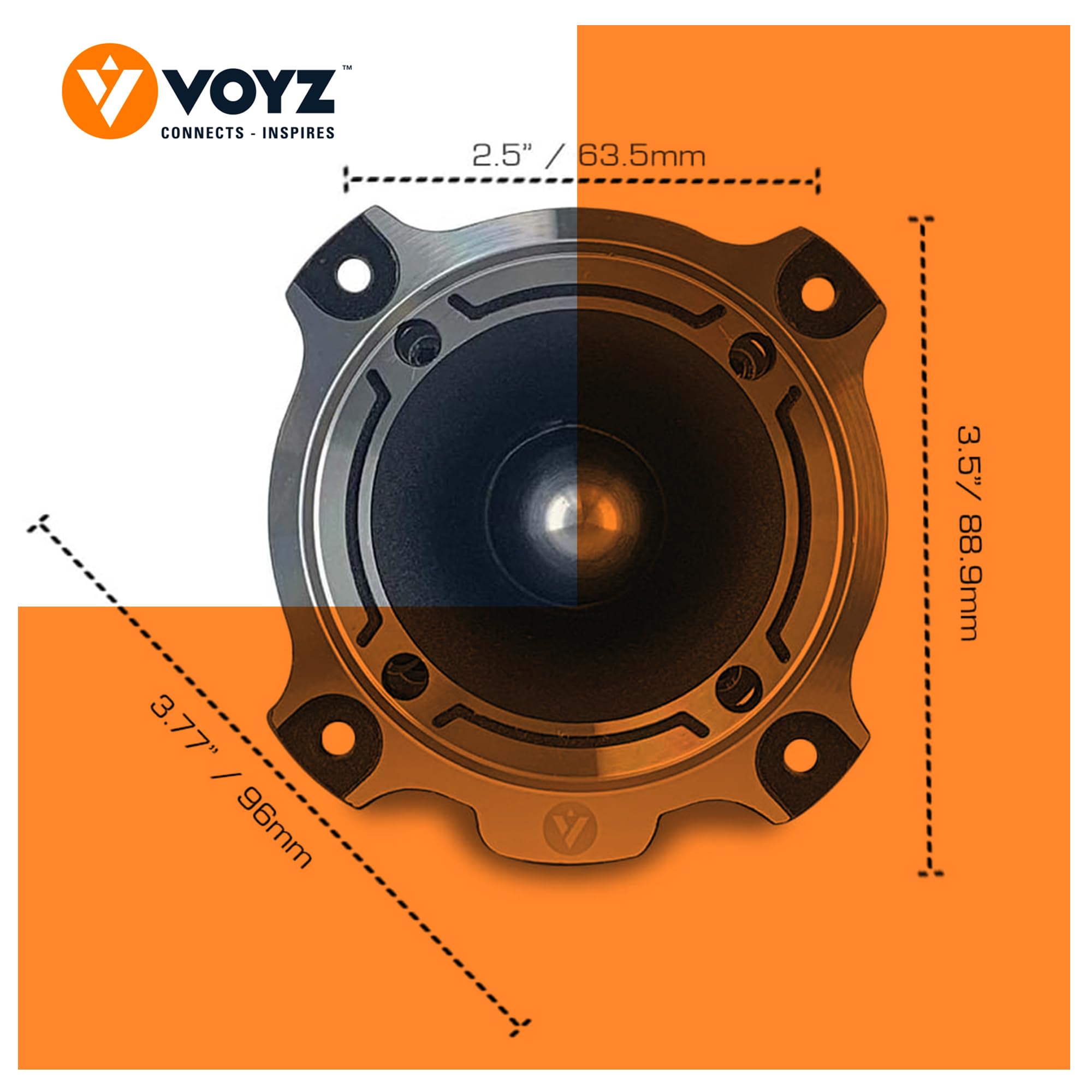 VOYZ 500W Super Tweeter 3.5” Super Horn 2.2KHz - 19KHz | 1” Diaphragm | 4Ω | Heavy Duty Bullet Design | Chrome Finish, Crossover Capacitor | 1 Pair | VZ-D39ST