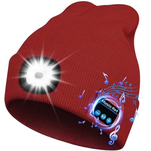 Bluetooth for Women Men Dad Beanie Hats with Light,Musical Knitted Cap with Headphone(Red)