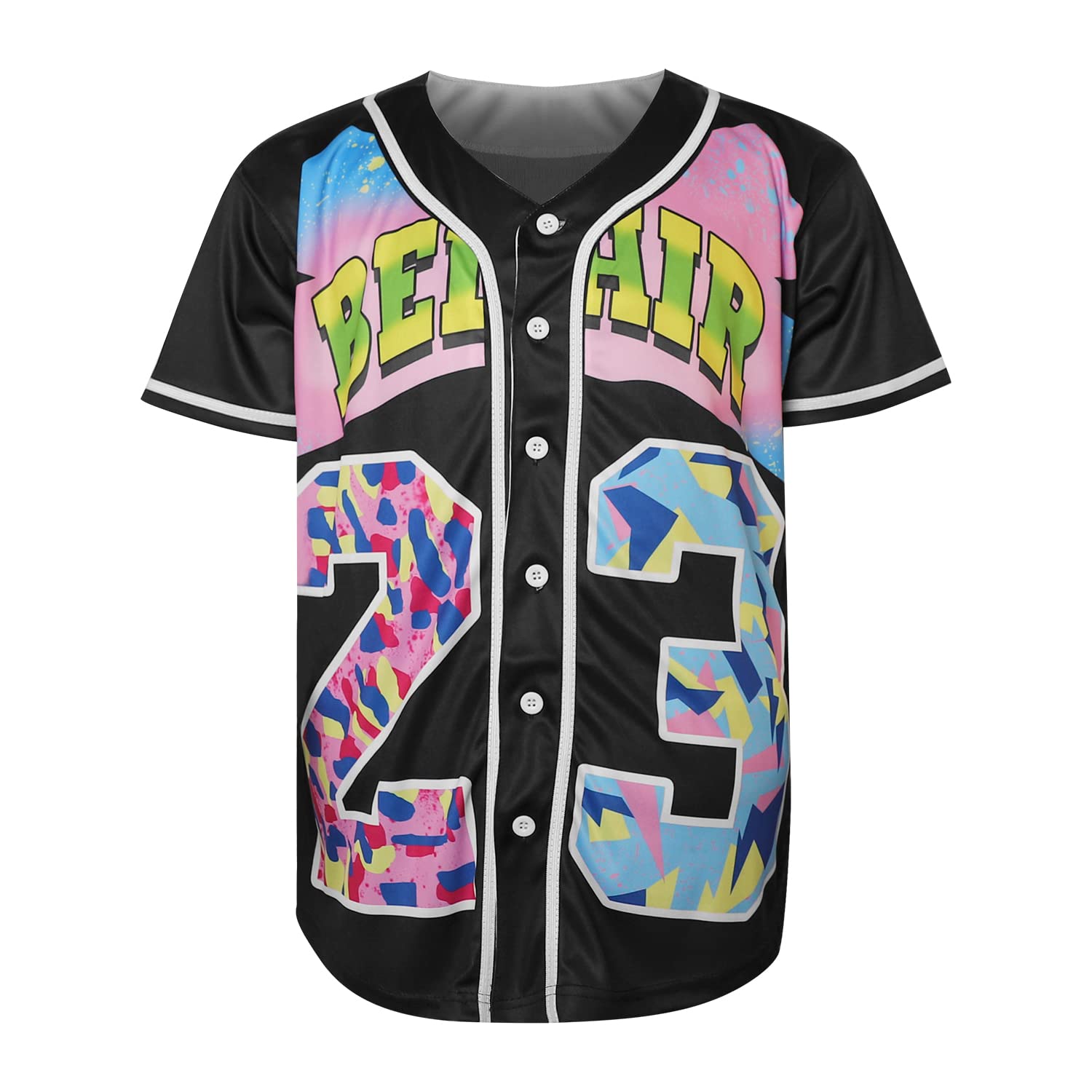 Rioofinx 90s Hip Hop Party Jersey, Bel Air Jersey Baseball Jersey, Short Sleeve Button Down Shirt for Men and Women (Black, 3XL)
