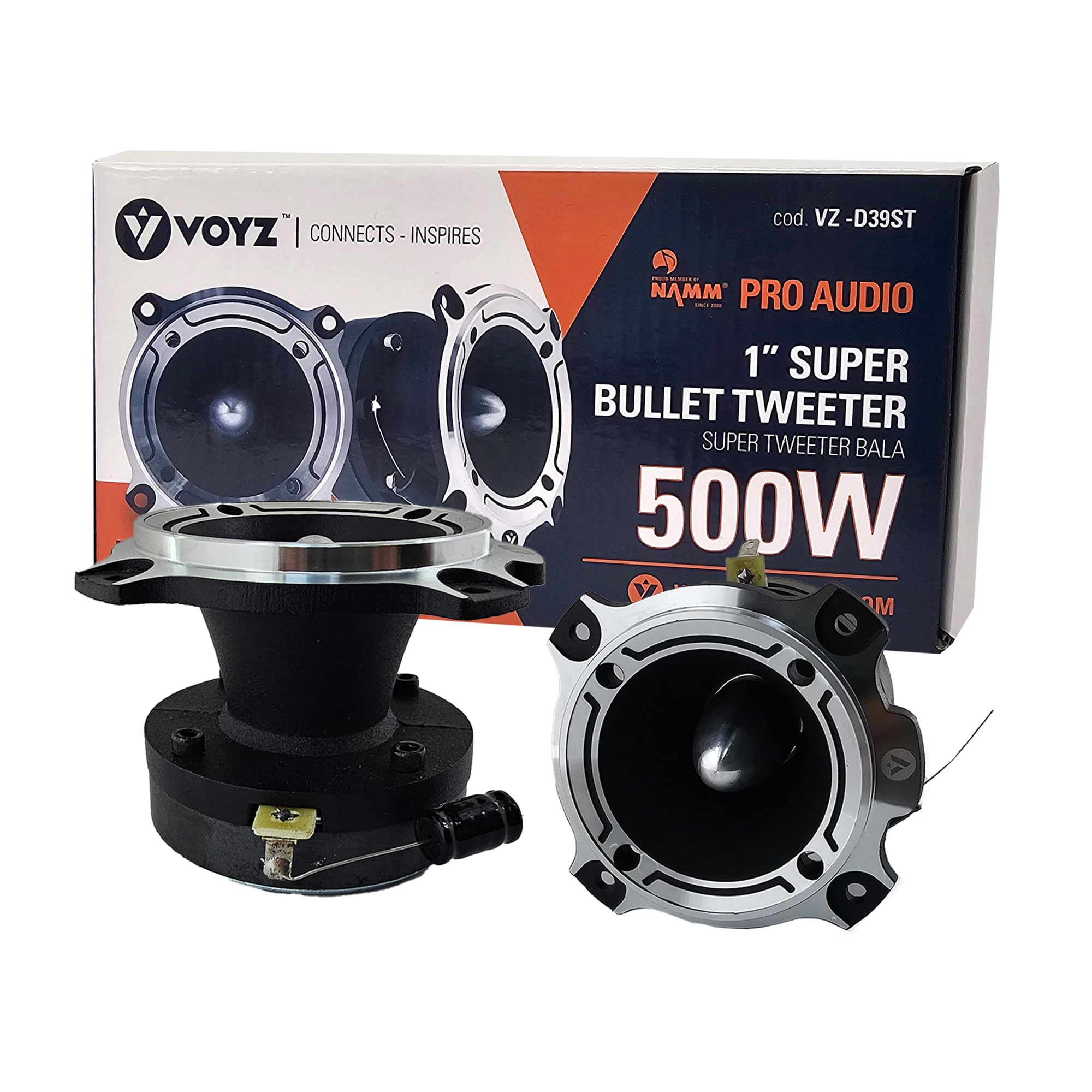 VOYZ 500W Super Tweeter 3.5” Super Horn 2.2KHz - 19KHz | 1” Diaphragm | 4Ω | Heavy Duty Bullet Design | Chrome Finish, Crossover Capacitor | 1 Pair | VZ-D39ST