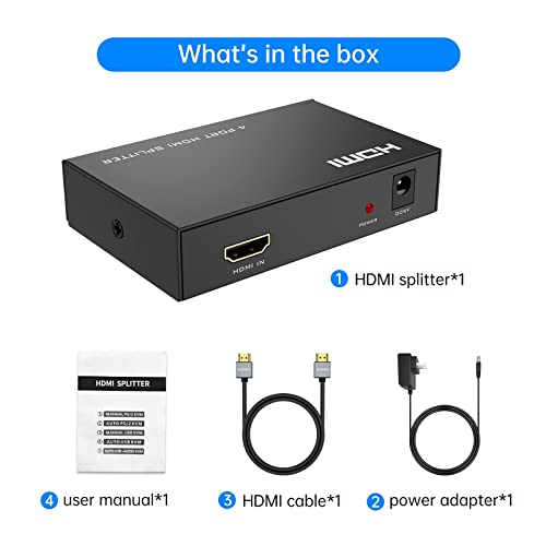 4K HDMI Splitter 1 in 4 Out 【with 5ft Cable】, Yinker 4 Way HDMI Splitter 1x4 4Kx2K@30Hz w/AC Adapter, Mirror Duplicate for PS4 Fire Stick HDTV