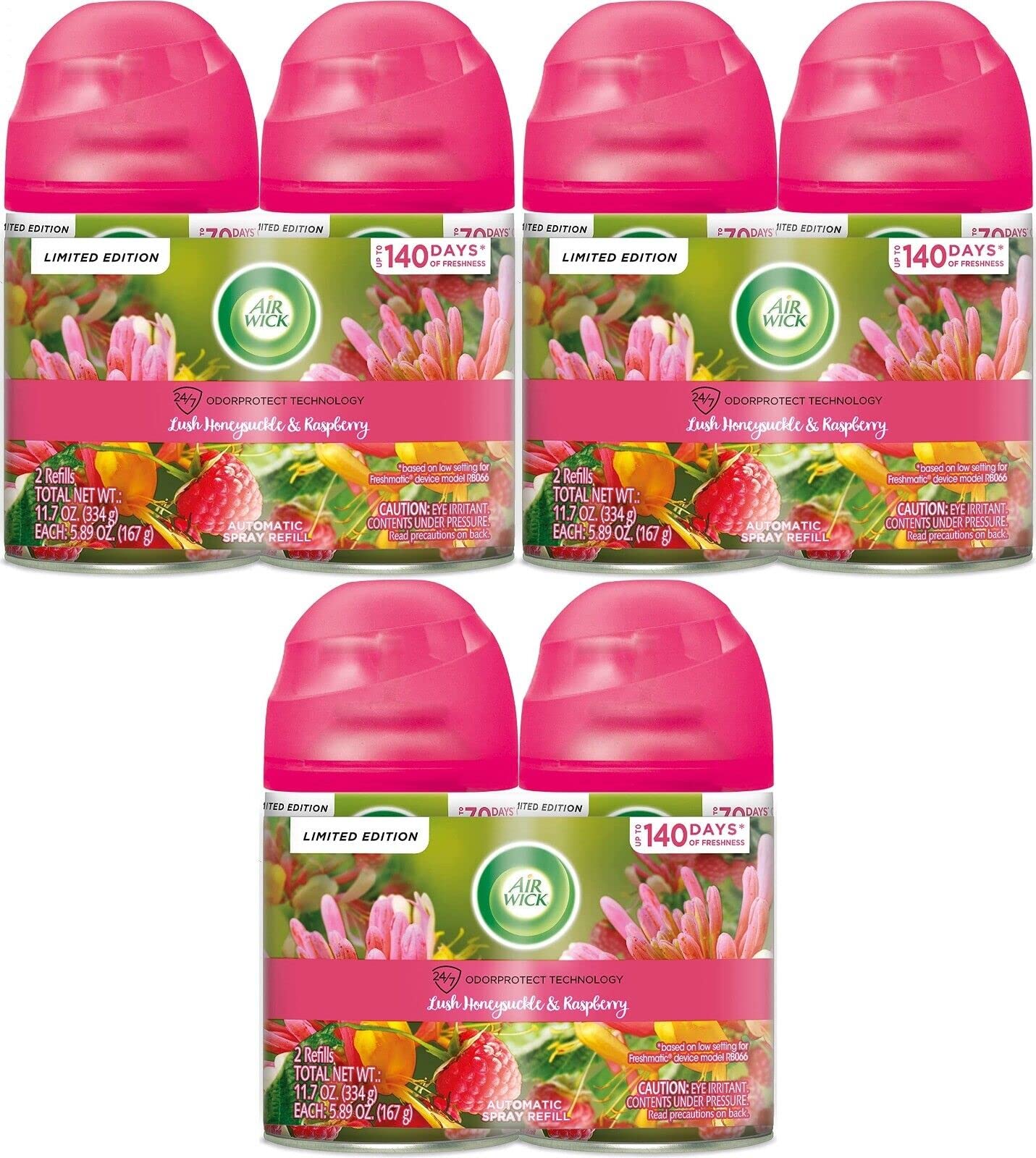 Air Wick Automatic Air Freshener Spray Refill, Lush Honeysuckle & Raspberry, Essential Oils, Odor Neutralization- 6 Pack, 5.89 Ounce (Pack of 6)