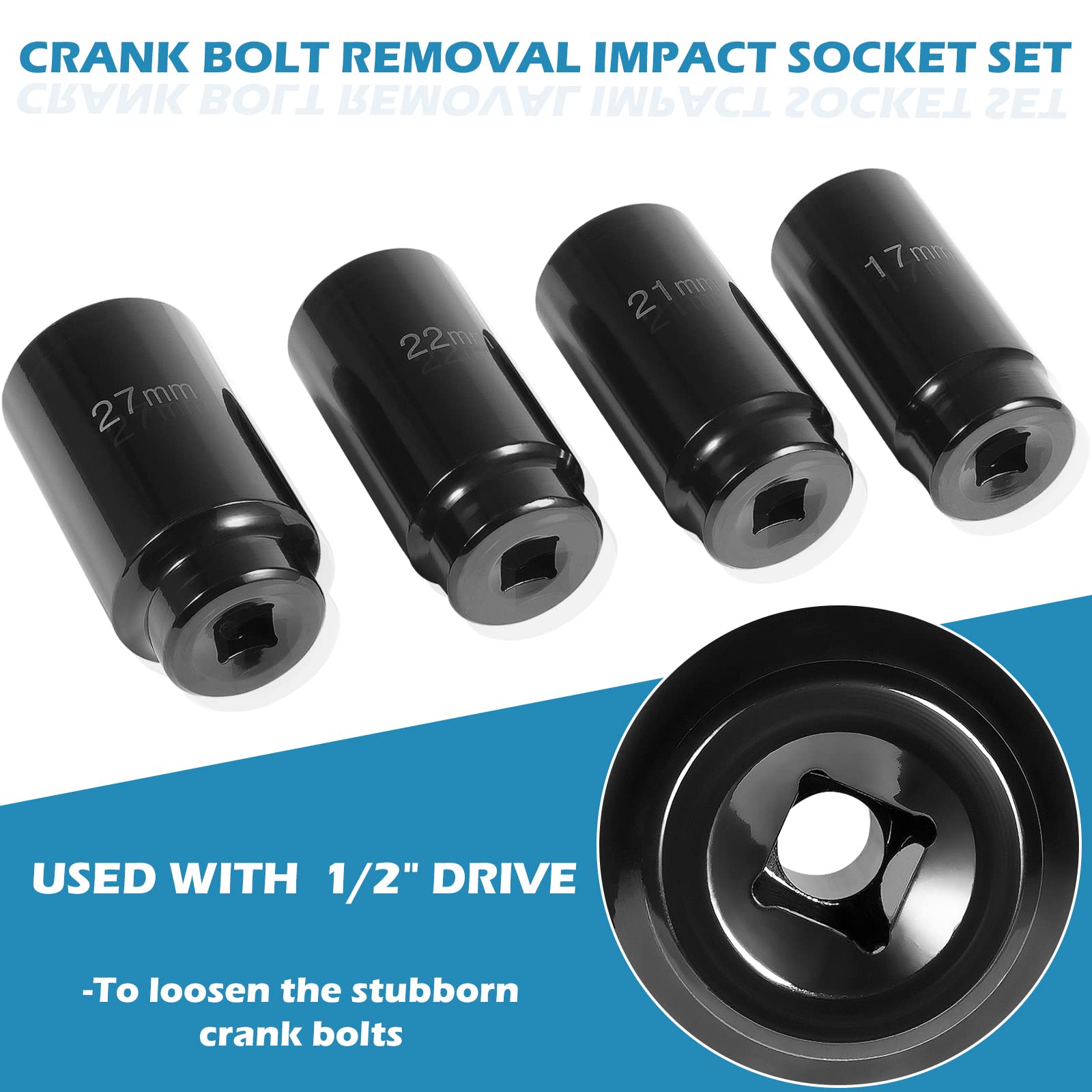 1/2" Drive Crank Bolt Socket Set, 17MM 21MM 22MM 27MM Harmonic Balancer Socket Set, Crank Bolt Removal Tool, 3 Times Momentum Power of Standard Impact Socket Set