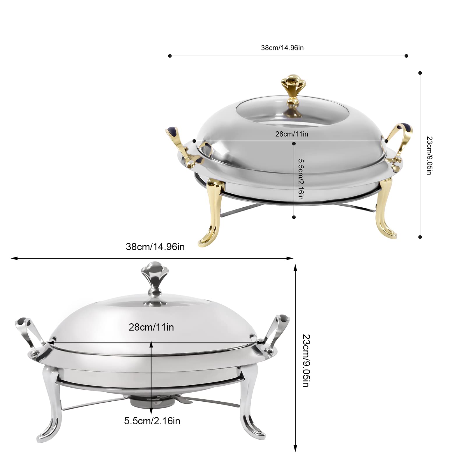 Stainless Steel Flat-Bottomed Chafing Dish, Round Durable Buffet Warmer Tray Durable Frame with Lid and Chafing Fuel Holder for Kitchen Party Dining Buffet-Without Water Pan (Gold-14.96in)