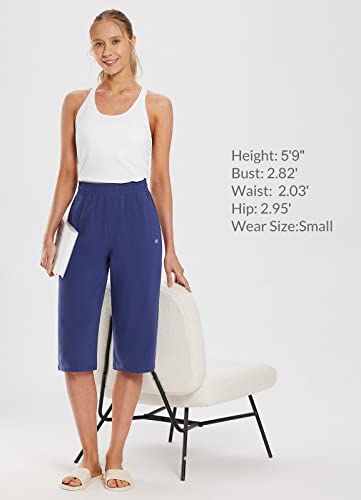BALEAF Women's 17" Capri Yoga Pants Cotton Loose Soft Drawstring Workout Sweatpants Summer Causal Lounge Pants with Pockets Navy XXL