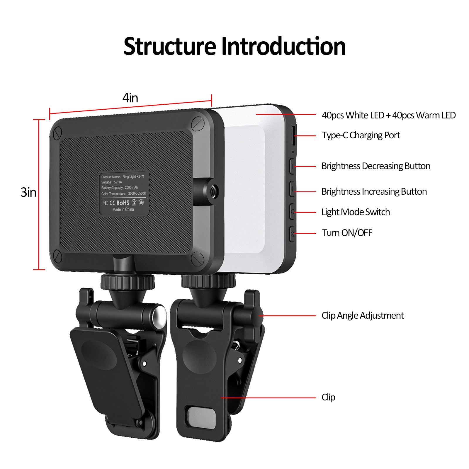 XINBAOHONG Rechargeable Selfie Light, Clip Fill Light for Phone Laptop Tablet Portable Light for Video Conference Live Streaming Zoom Call Makeup Picture (Black)