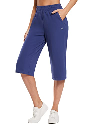 BALEAF Women's 17" Capri Yoga Pants Cotton Loose Soft Drawstring Workout Sweatpants Summer Causal Lounge Pants with Pockets Navy XXL
