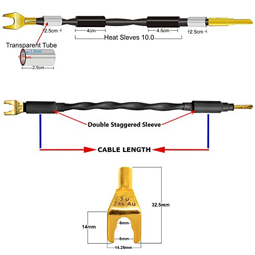 4 Units - 6 Inch - Canare 4S11 – Audiophile Grade - 11AWG - HiFi Speaker Jumper Cable Terminated with Gold Banana to Spade Connectors