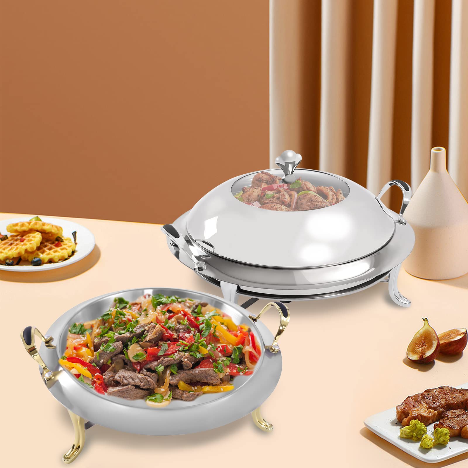Stainless Steel Flat-Bottomed Chafing Dish, Round Durable Buffet Warmer Tray Durable Frame with Lid and Chafing Fuel Holder for Kitchen Party Dining Buffet-Without Water Pan (Gold-14.96in)